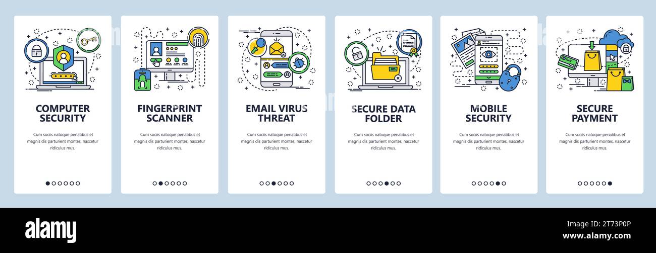 Vector web site linear art onboarding screens template. Cyber security ... Vector web site linear art onboarding screens template. Cyber security ...
