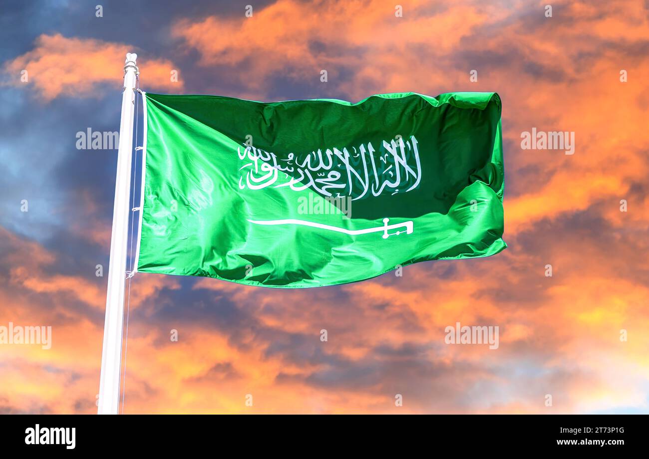 Flag of Saudi Arabia waving in the wind against the red sunset sky ...