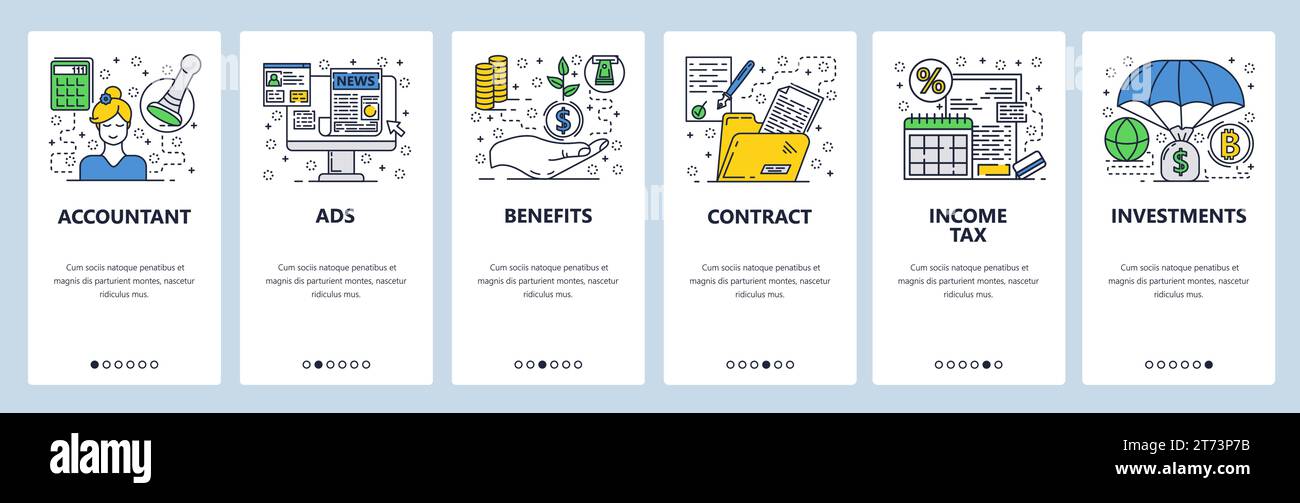 Vector web site linear art onboarding screens template. Accounting ...