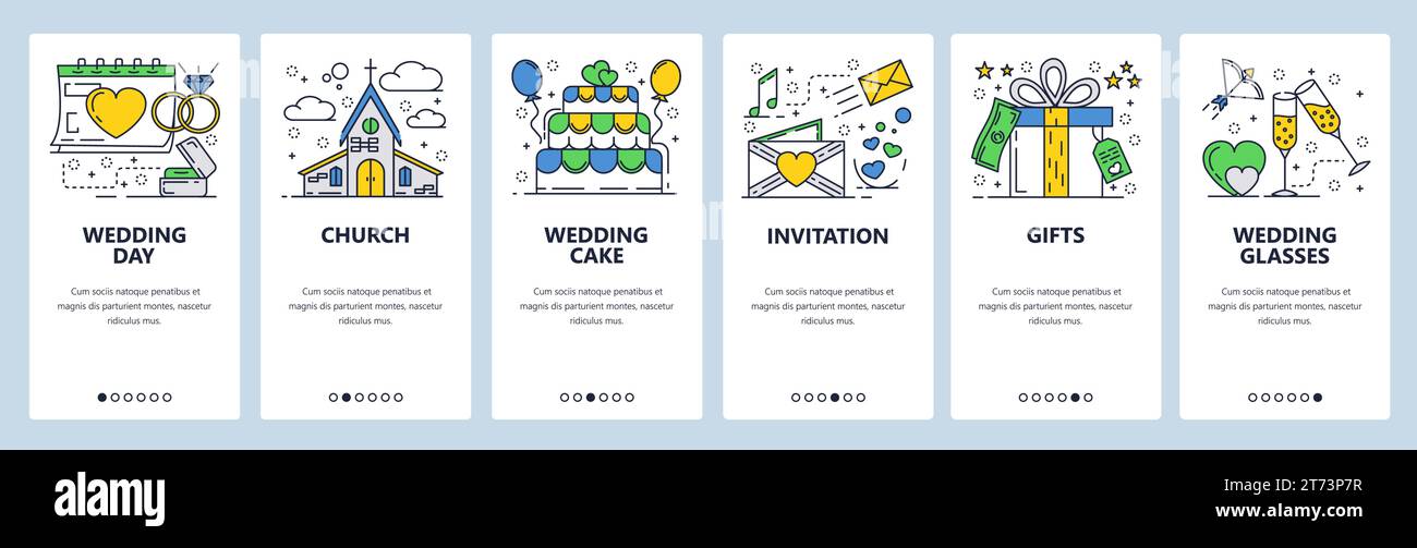 Vector web site linear art onboarding screens template. Wedding day ...