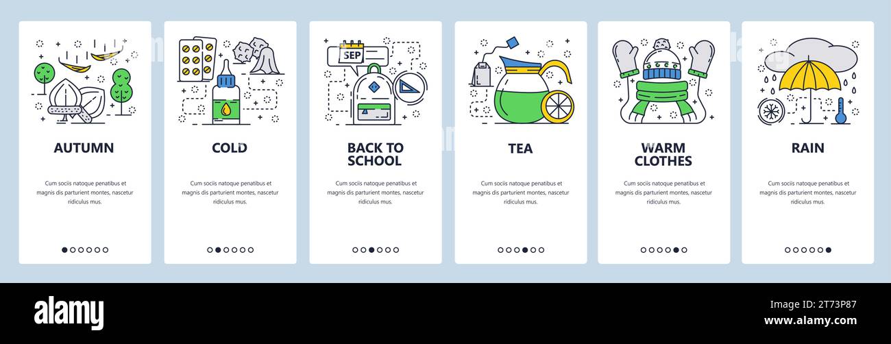 Vector web site linear art onboarding screens template. Fall season ...