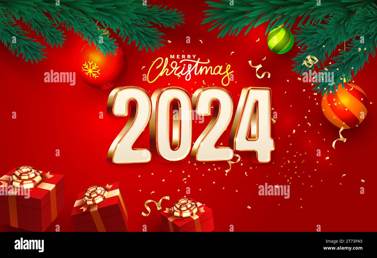 Marry Christmas 2024, happy new year, golden numbers 3d, gifts and toys ...