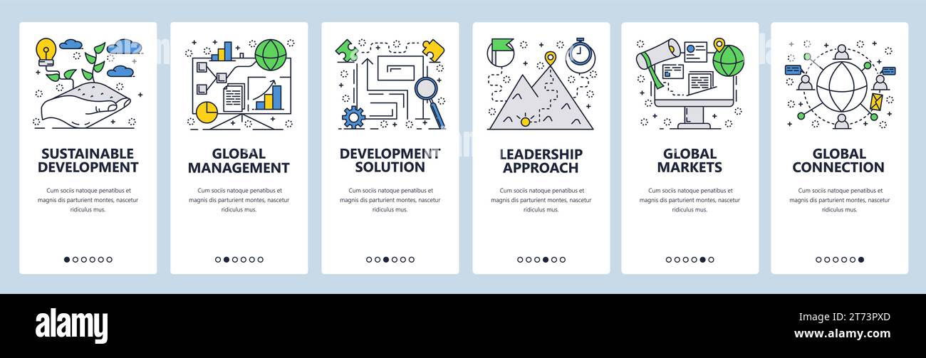 Vector web site linear art onboarding screens template. Global management, leadership and ...