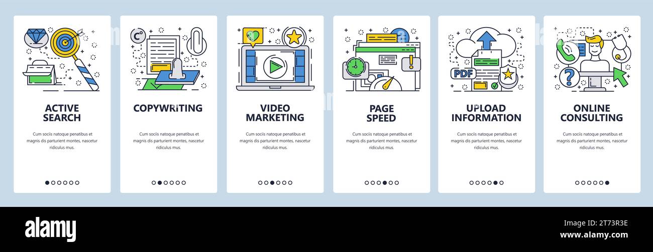 Vector web site linear art onboarding screens template. Video marketing ...