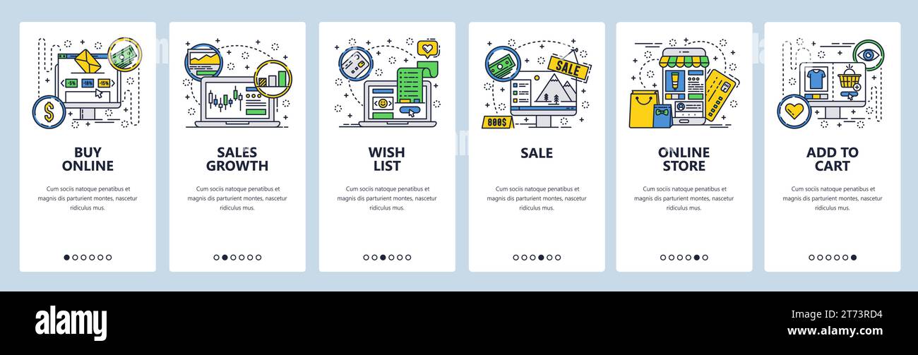 Vector web site linear art onboarding screens template. Finance market ...