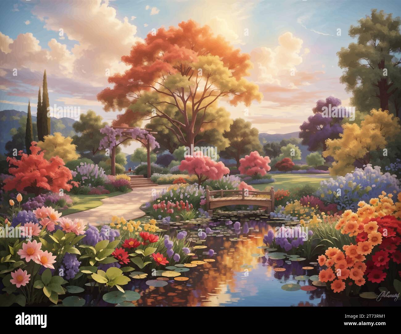Stunning landscape painting is a masterpiece of vibrant colors. The ...