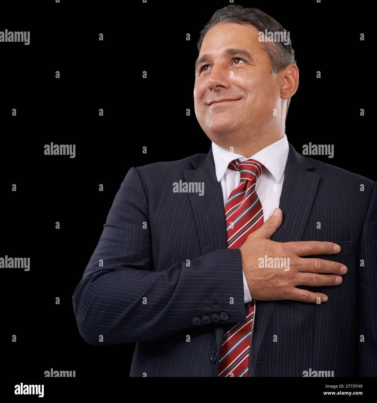 Politician, hand on chest and man with thinking, business and promotion ...