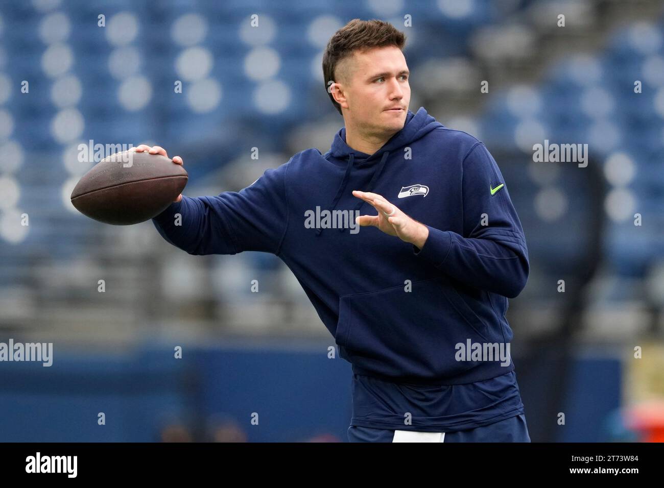 Seattle Seahawks quarterback Drew Lock throws the ball before an NFL ...