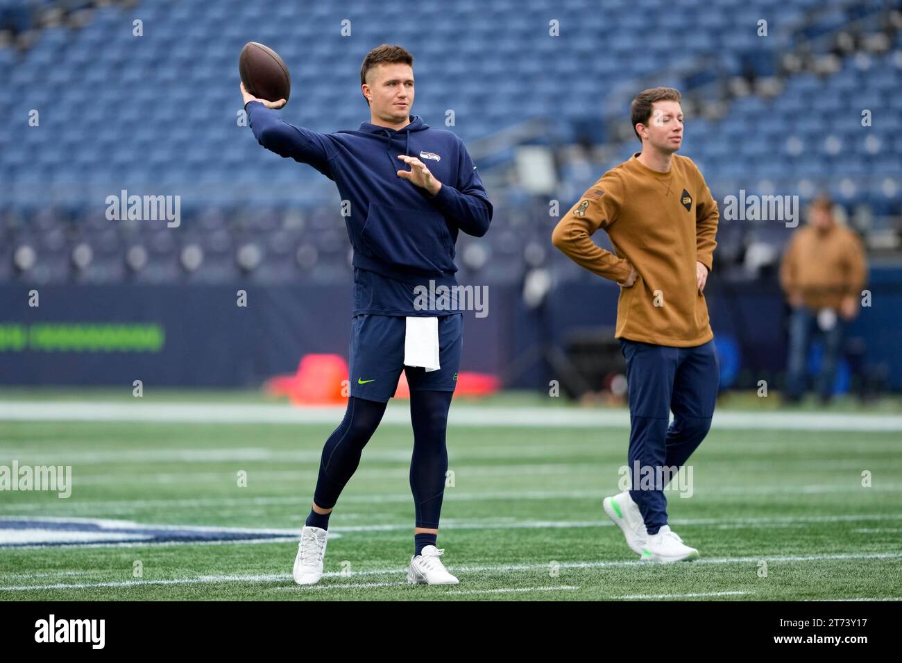 Seattle Seahawks quarterback Drew Lock throws before an NFL football ...