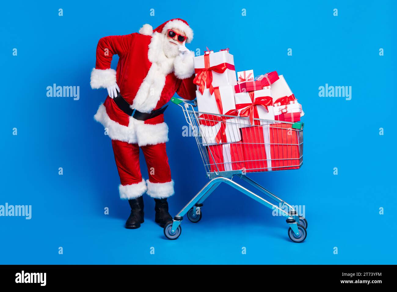 Full body photo of aged senior man lean on shopping trolley wear trendy ...
