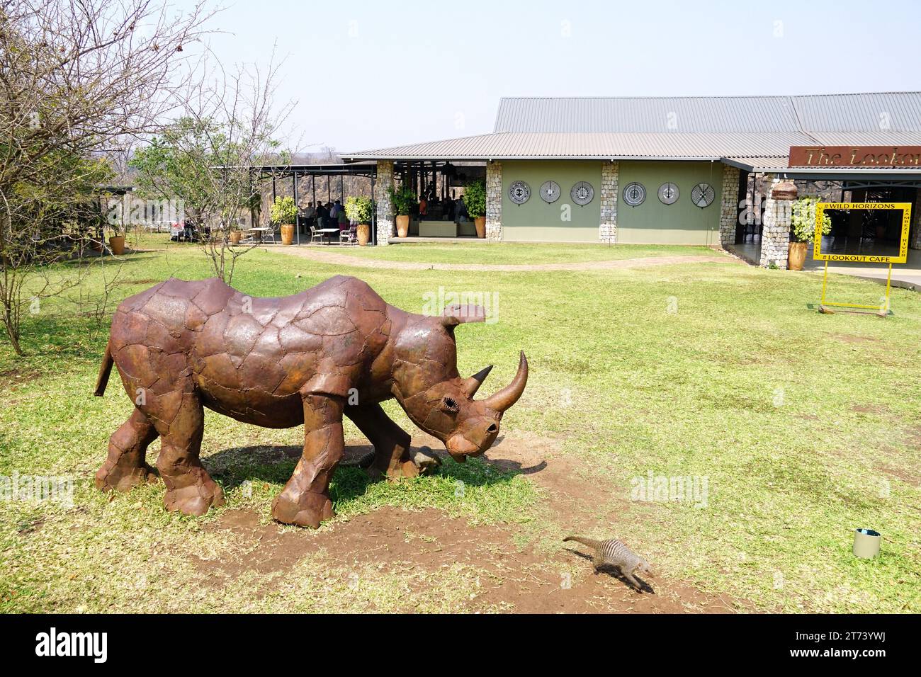 rhinoceros statue, Lookaout Cafe restaurant, Victoria Falls town ...