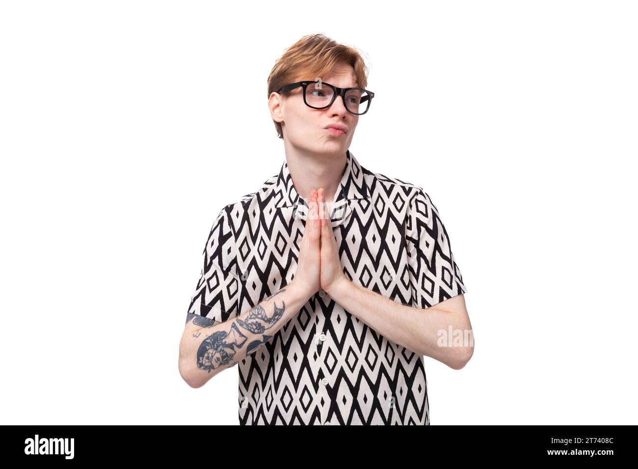 young european guy with red hair wears glasses for vision correction ...