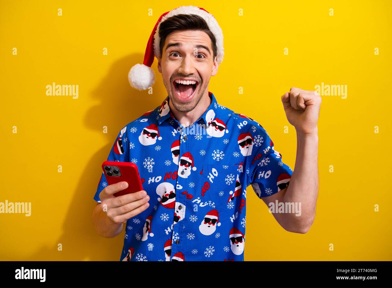 Photo of young fist up big sale preparation order gift boxes for all ...