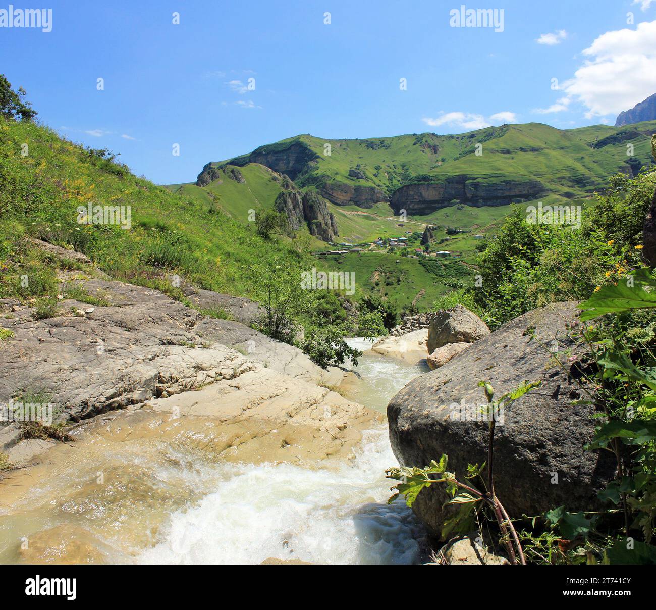 Clear river with a waterfall. Laza village. Kusar region. Azerbaijan ...