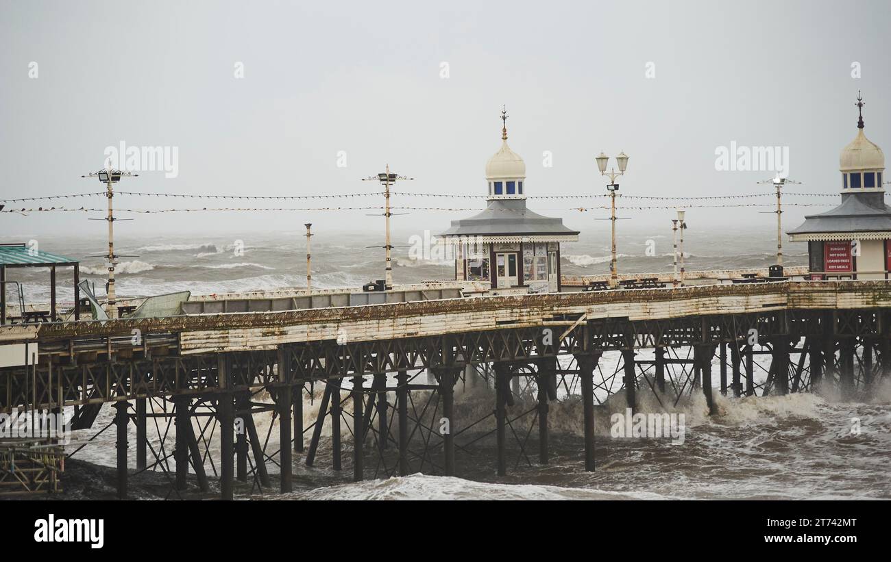 Storm Debi blowing in Blackpool in November 2023. Storm hits North Pier ...