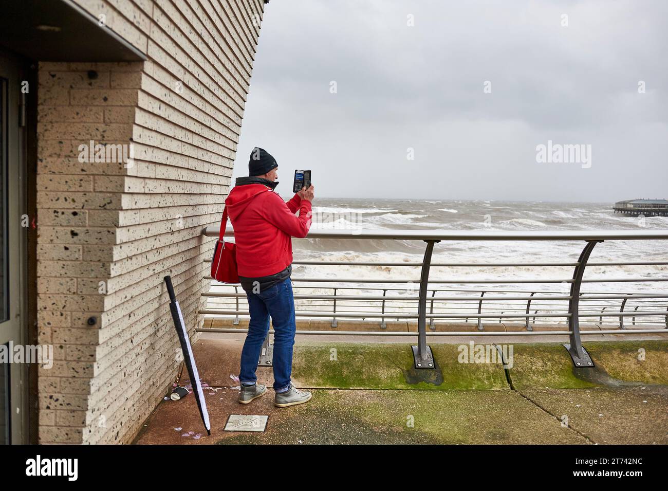 Storm Debi blowing in Blackpool in November 2023. Man videos the rough ...