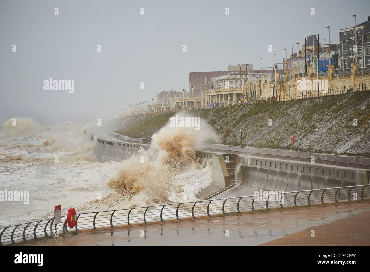 Storm Debi blowing in Blackpool in November 2023. Waves crash along ...