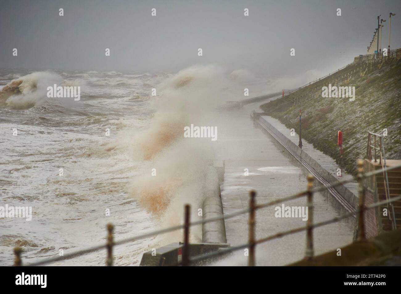 Storm Debi blowing in Blackpool in November 2023. Waves crash along ...