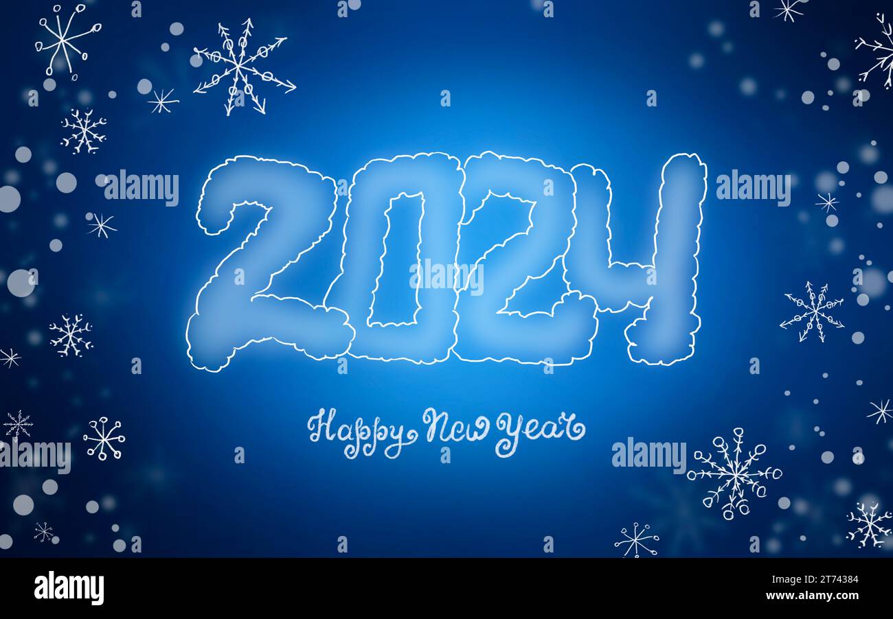 Happy new year 2024 on blue background with white snowflakes. Holiday ...