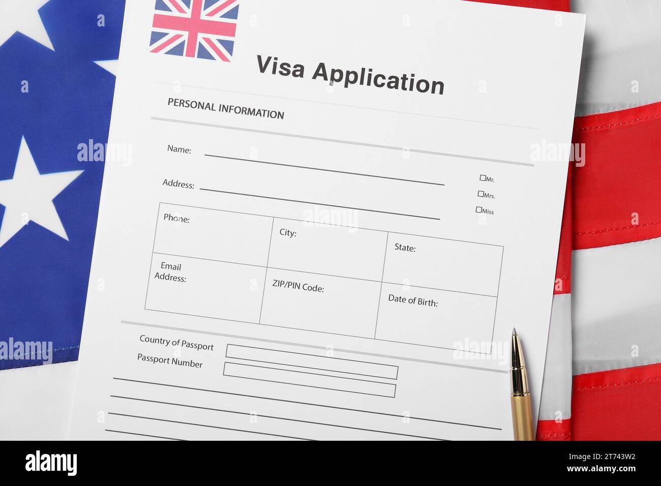 Immigration to USA. Visa application form and pen on flag, flat lay ...