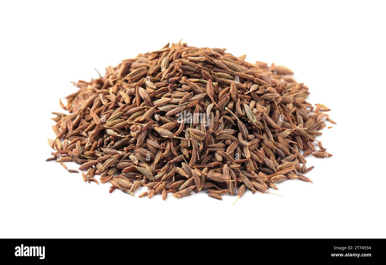 Heap of aromatic caraway (Persian cumin) seeds isolated on white Stock ...