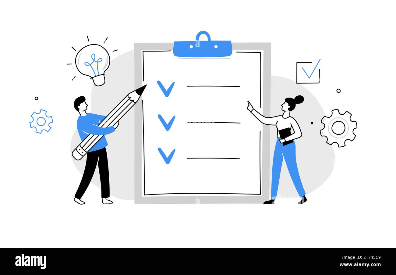 Checklist, survey list, task plan on white clipboard paper with doodle ...