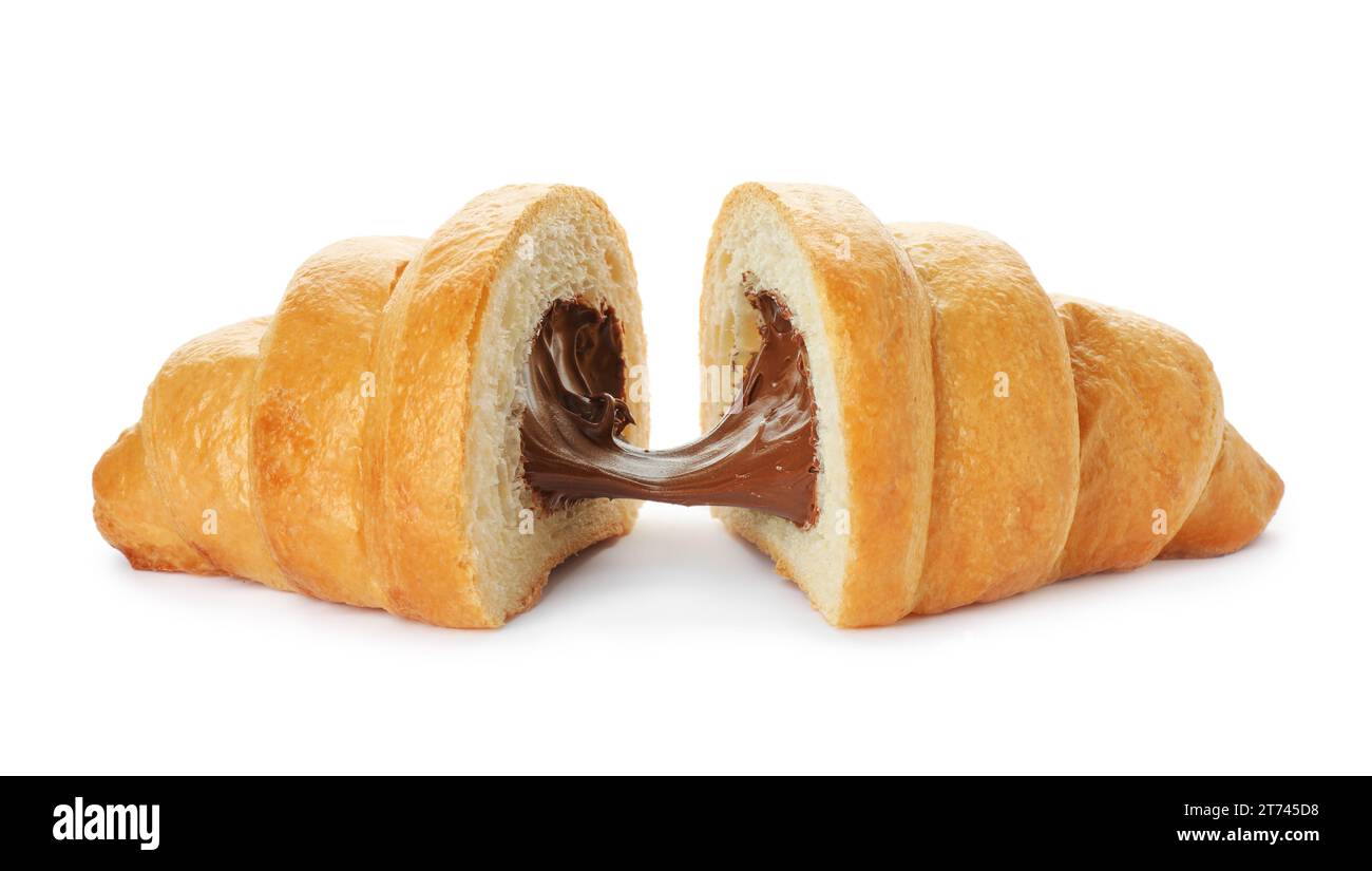 Delicious cut croissant with chocolate isolated on white Stock Photo ...