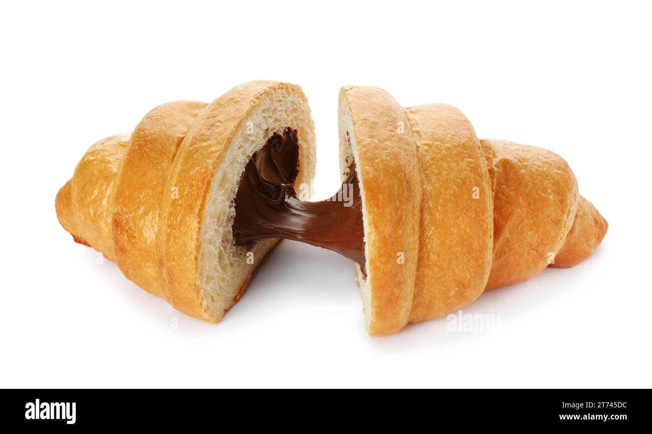 Delicious cut croissant with chocolate isolated on white Stock Photo ...