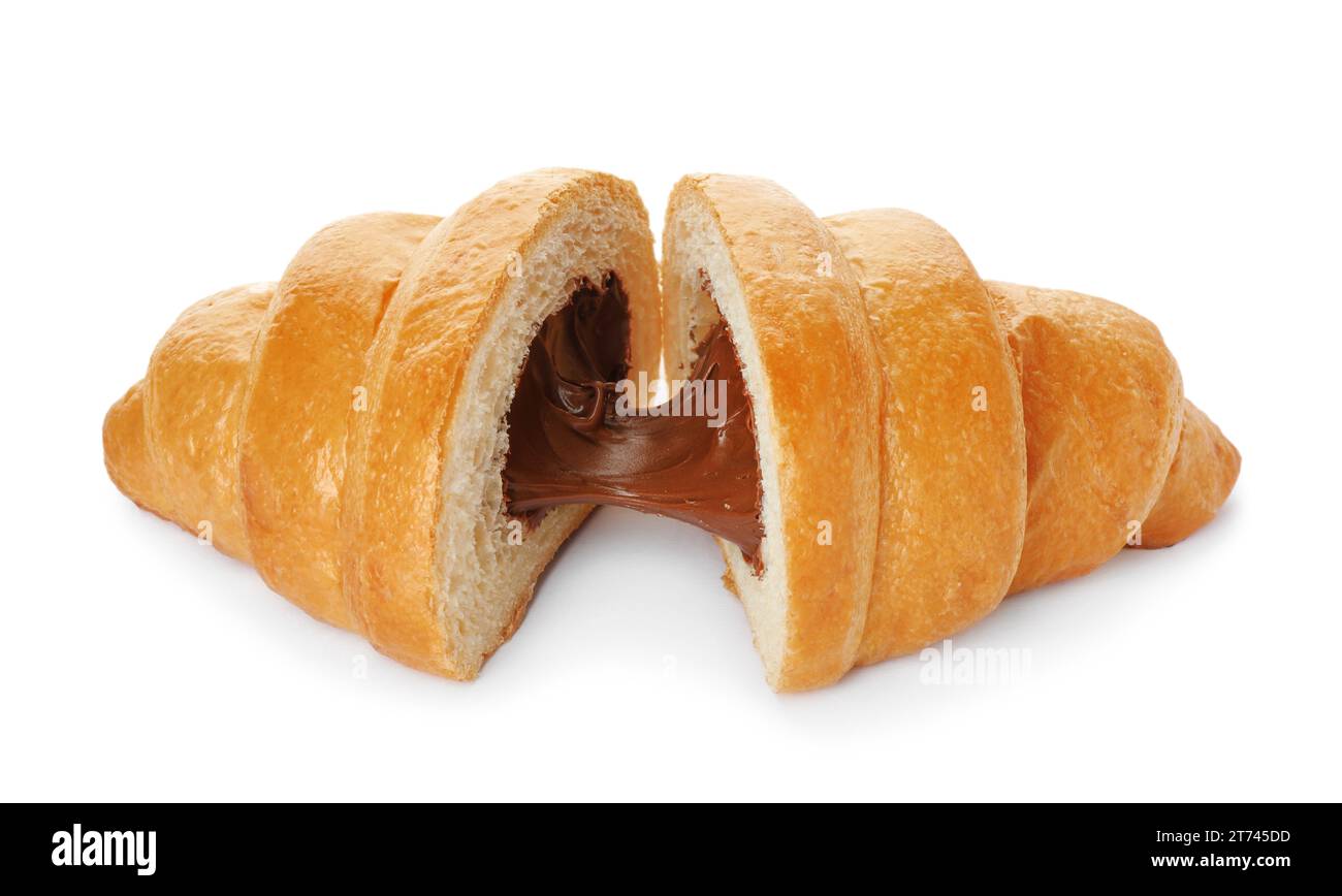 Delicious cut croissant with chocolate isolated on white Stock Photo ...