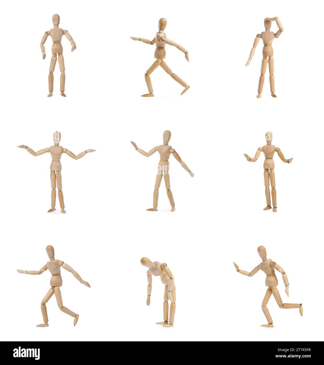 Wooden puppet on white background, collection of different poses Stock ...
