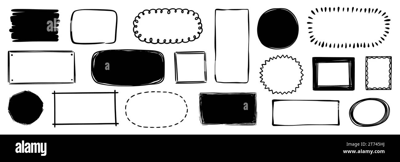 Hand drawn doodle frame set. Box, square, rectangle, circle shape brush ...