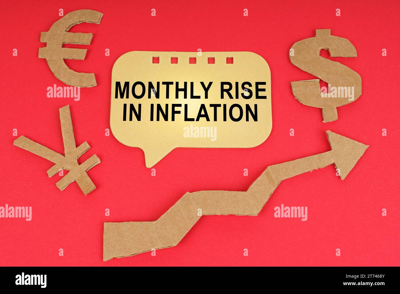 Business concept. On the red surface there are money symbols, an arrow ...