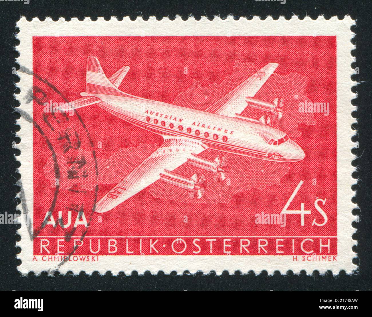 AUSTRIA - CIRCA 1958: stamp printed by Austria, shows Plane over Map of ...