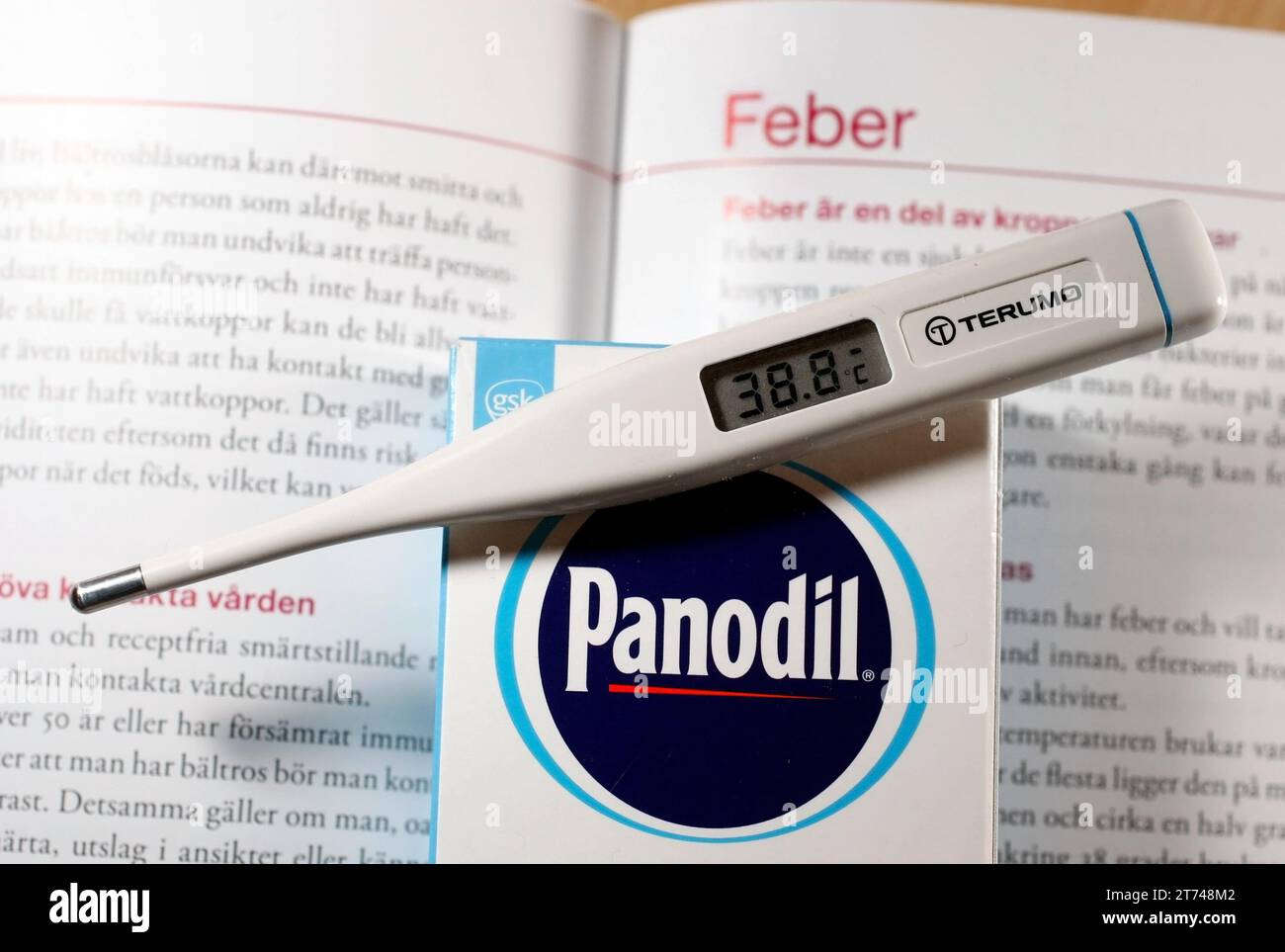 Someone who is at home and is sick, a medical thermometer and Panodil ...