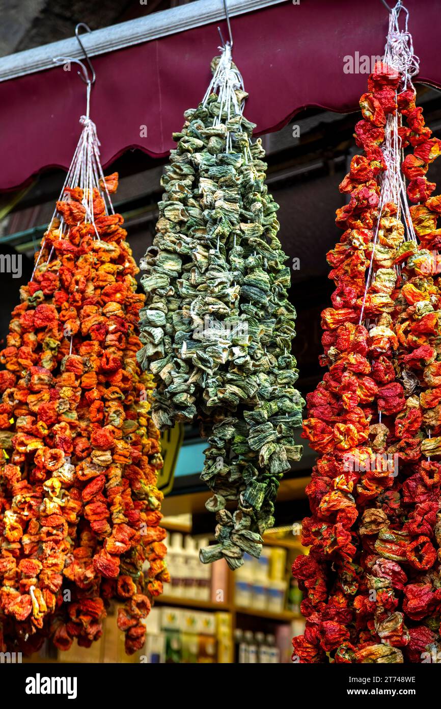Strings of dried peppers, Spice Market, Istanbul, Turkey Stock Photo ...