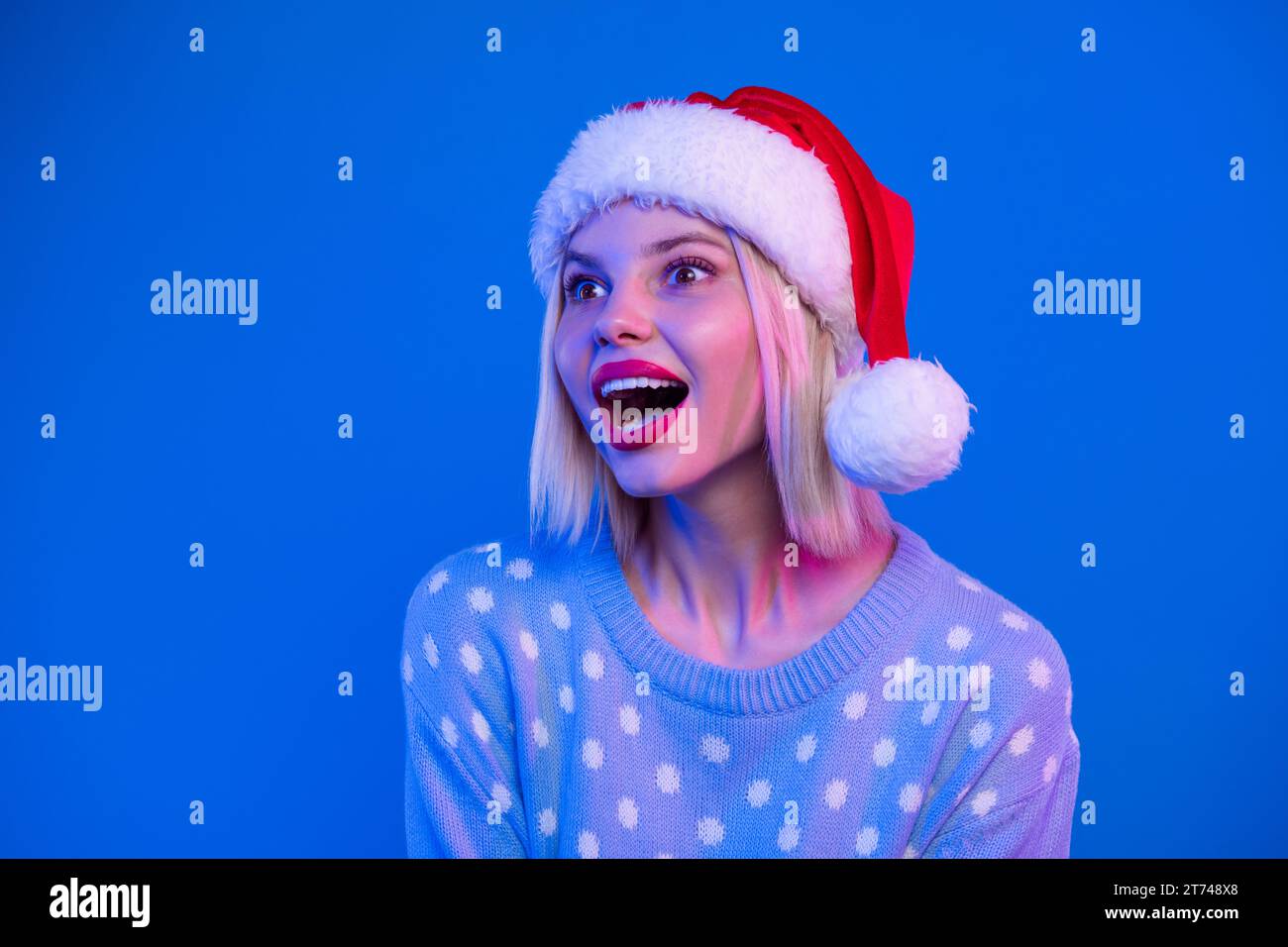 Portrait of impressed nice girl open mouth look empty space ...