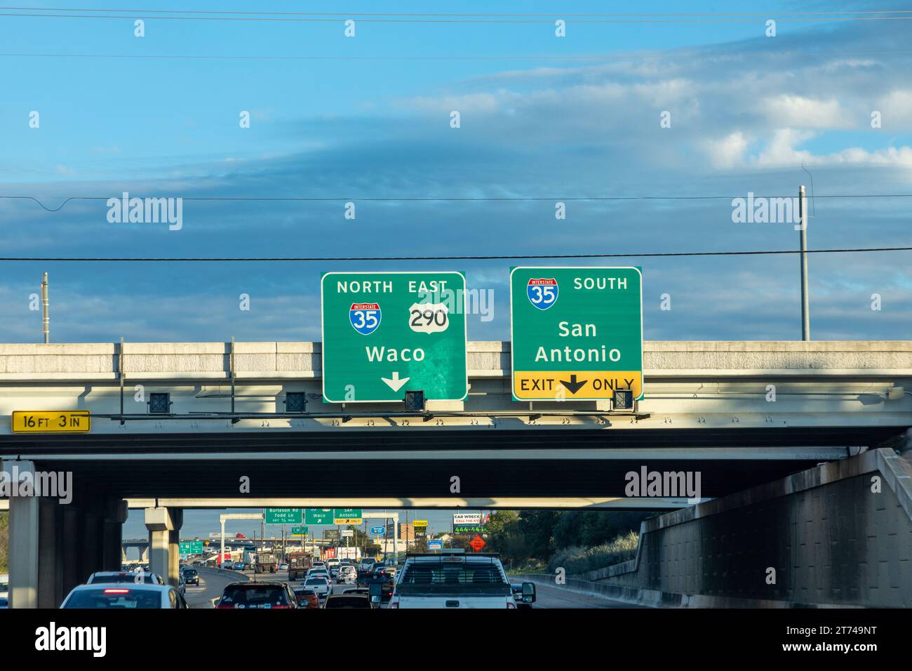 Austin, USA - November 2, 2023: traffic sign waco and san Antonio in ...