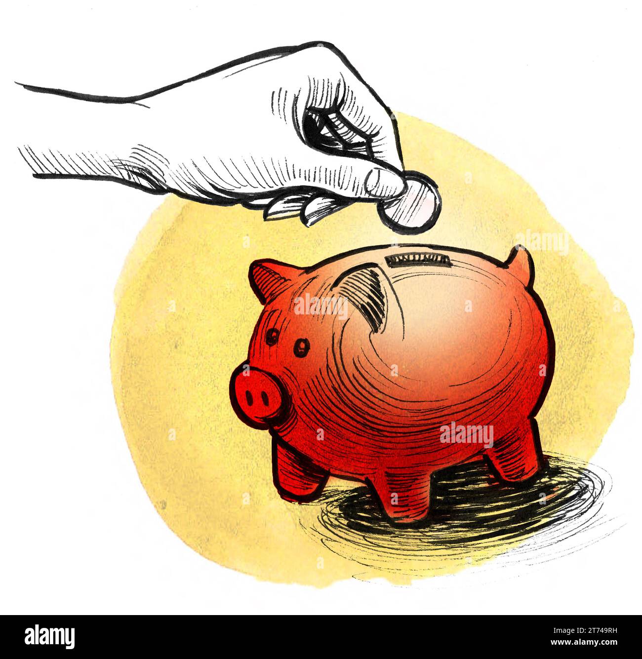 Hand putting coin in the piggybank. Hand-drawn vintage styled ink and ...