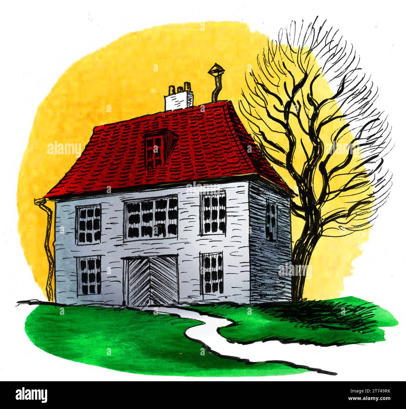 Old house in the countryside. Hand-drawn vintage styled ink and ...