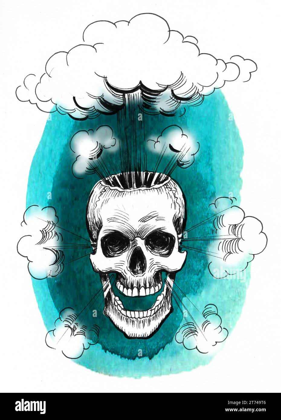 Exploding human skull. Hand-drawn vintage styled ink and watercolor ...