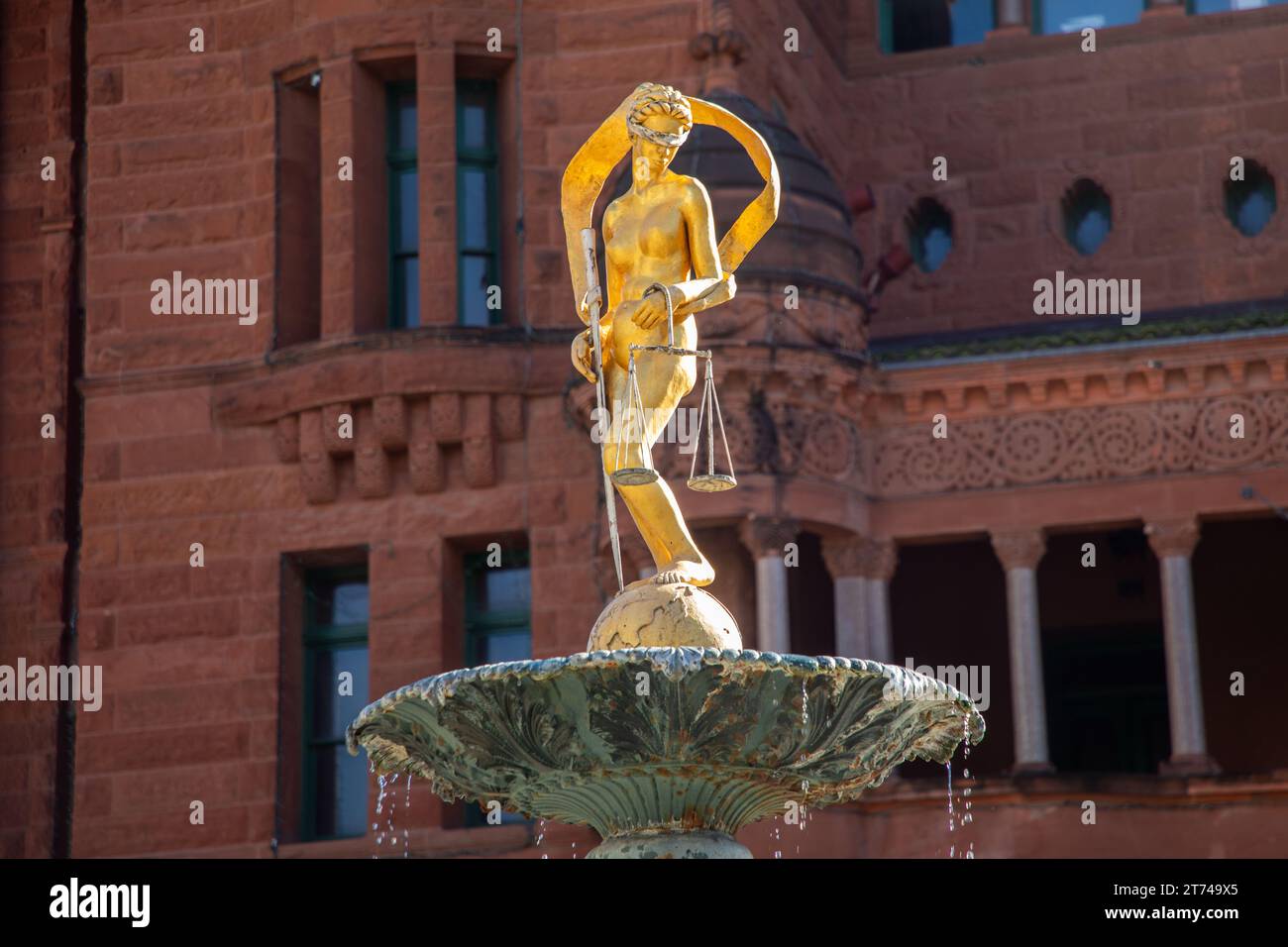 San Antonio, USA - October 31, 2023: Lady Justice Statue on Water ...