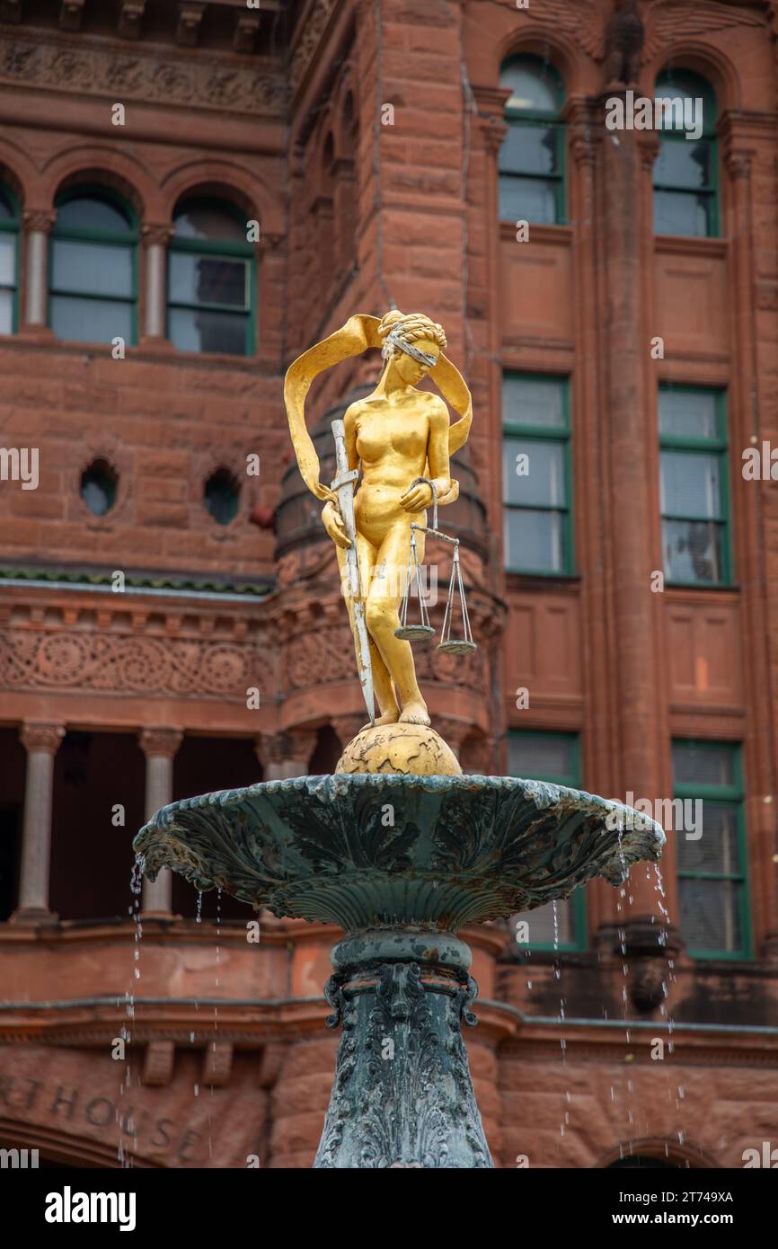 San Antonio, USA - October 31, 2023: Lady Justice Statue on Water ...