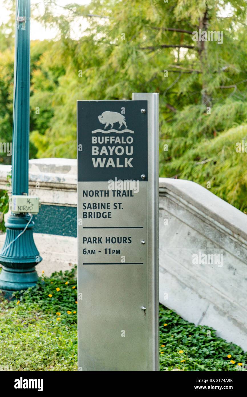 Houston, USA - October 21, 2023: sign buffalo bayou walk in the park ...