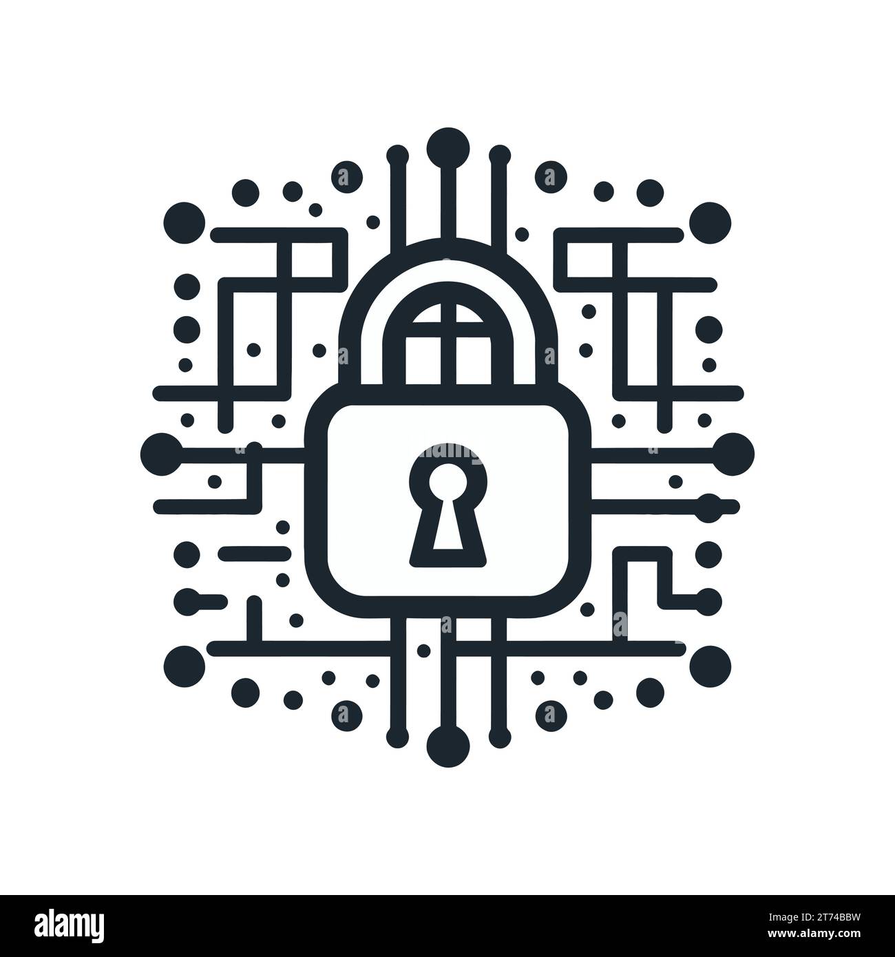 Black and white digital security icon depicting a padlock with a digital circuit pattern on a ...