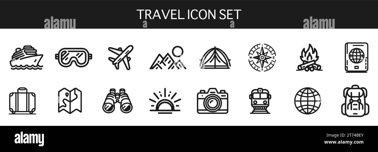 set of black travel related icons including transportation ...