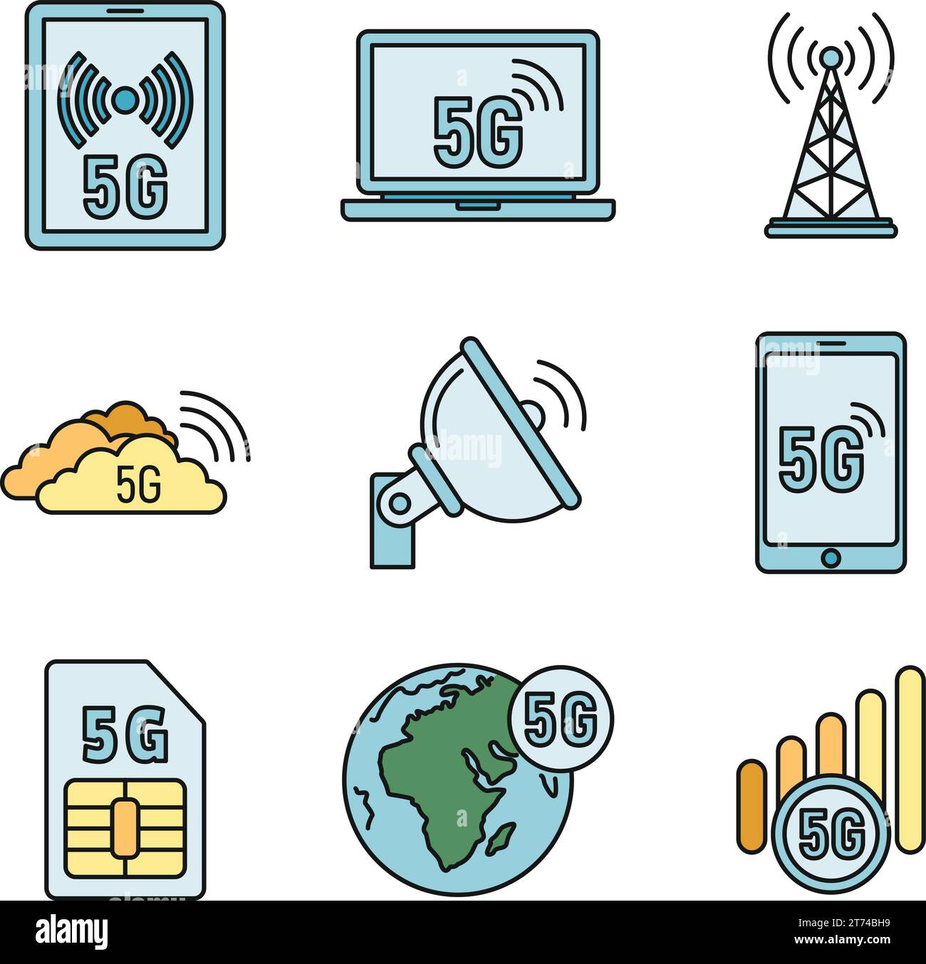 5G technology network icons set. Outline set of 5G technology network ...