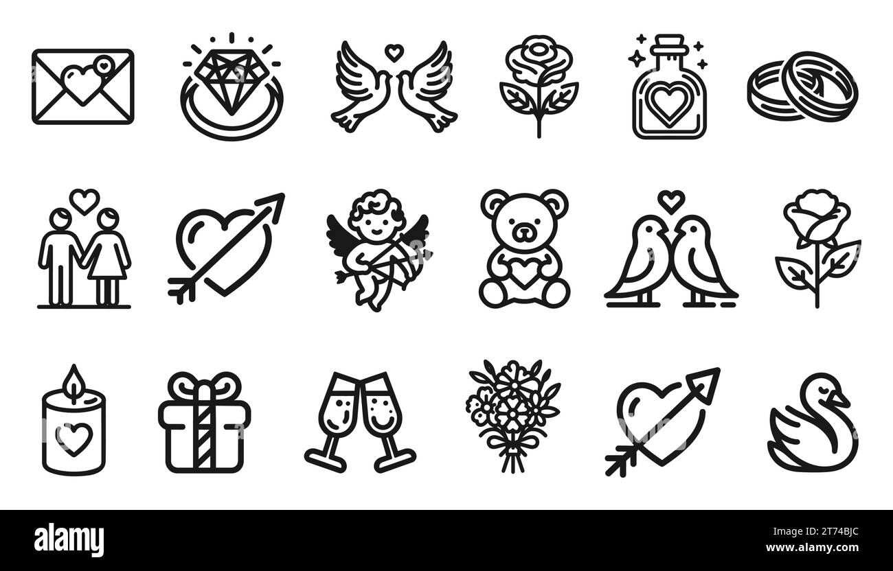 set of black line icons representing love and romance, hearts, rings ...