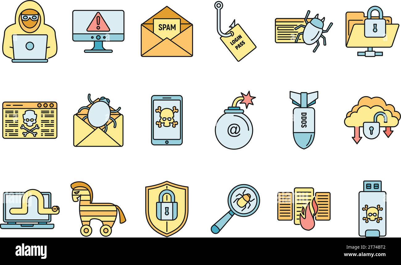 Cyber attack bug icons set. Outline set of cyber attack bug vector ...