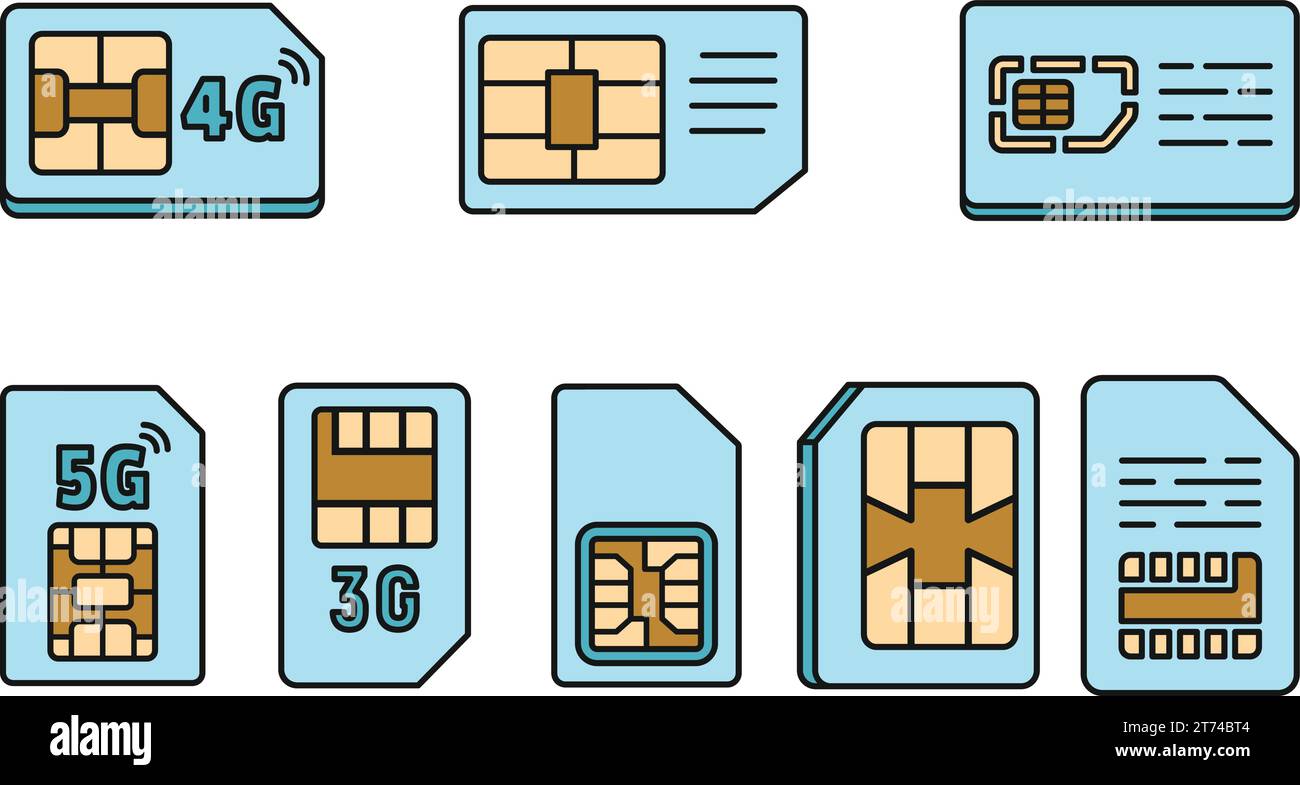 Chip phone card icons set. Outline set of chip phone card vector icons ...