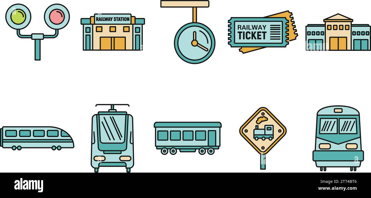 Railway train station icons set. Outline set of railway train station ...
